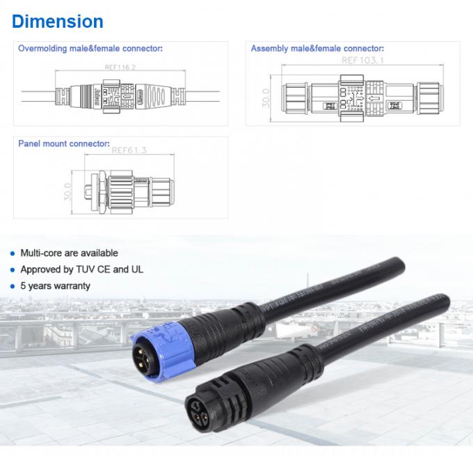 IP67 Waterproof Power Connector With Cable , 20A Electrical Power Cable ...