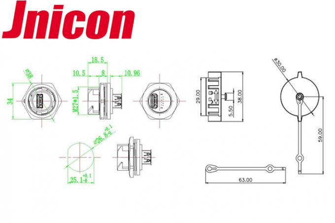 Female Circular USB Connector 9 Pin 5A Push Locking With Cable Customized