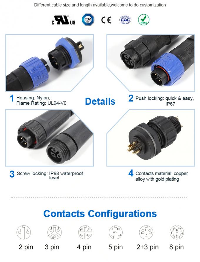 Waterproof 3 Pin Male Female Connector IP67 / IP68 For LED Outdoor Lighting