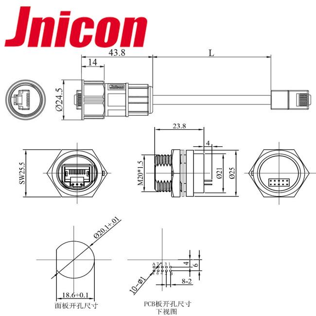 IP68 RJ45 Waterproof Connector Front Panel Mount 8P8C With Cable